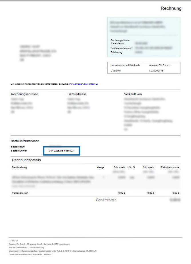Die Bestellnummer finden Sie beispielsweise auf ihrer Rechnung unter ...